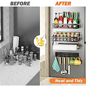 Bunoxea Spice Rack Magnetic for Refrigerator, 3 Pack Magnetic Spice Shelf, Moveable Fridge Organizer with 6 Hook Rack, Magnetic Fridge Organizer,Seasoning Organizer for Kitchen