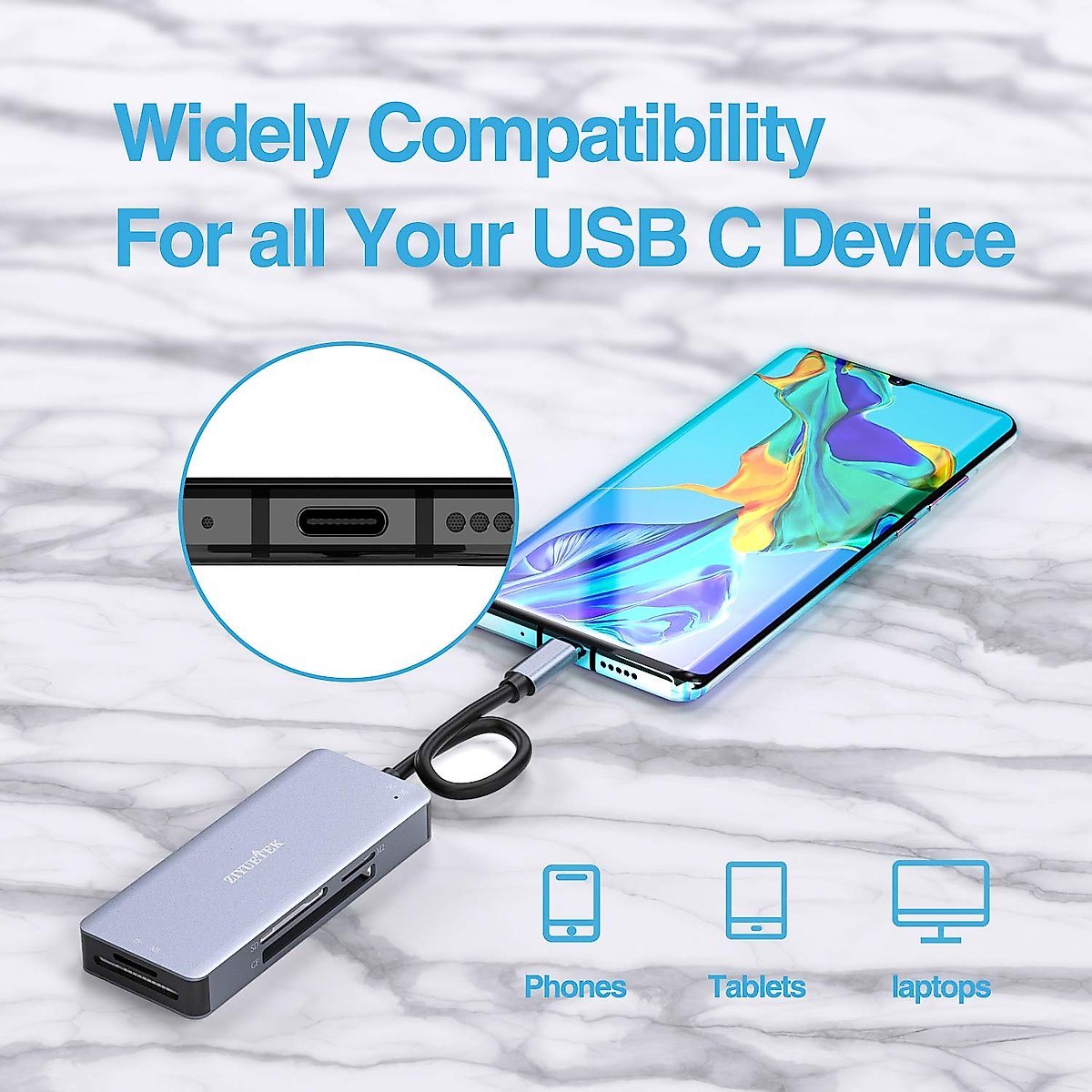 ZIYUETEK USB C SD Card Reader,5- in-1 Aluminum Thunderbolt 3 Memory Card Reader for CF, SD/SDHC,TF/Micro SD/MS/M2,CompactFlash Card for iPhone 15/16/Pro Max Android Windows MacBook