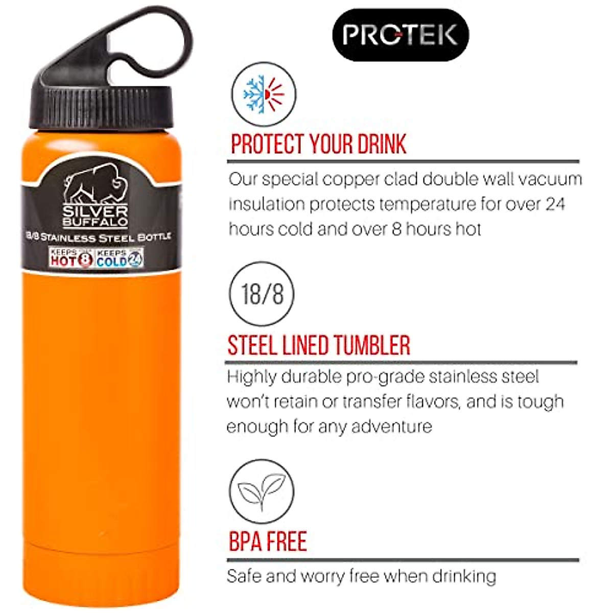 Silver Buffalo Double Walled Vacuum Insulated Stainless Steel Water Bottle, 20 Ounces, Orange