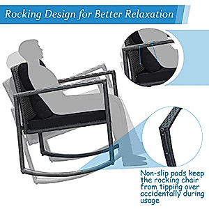 RELAX4LIFE Outdoor Rocking Chair Set, 3-Piece PE Rattan Bistro Set Patio Wicker Conversation Set w/Cushions Table & Storage Shelf, Outdoor Furniture for Garden, Backyard and Poolside (Black)