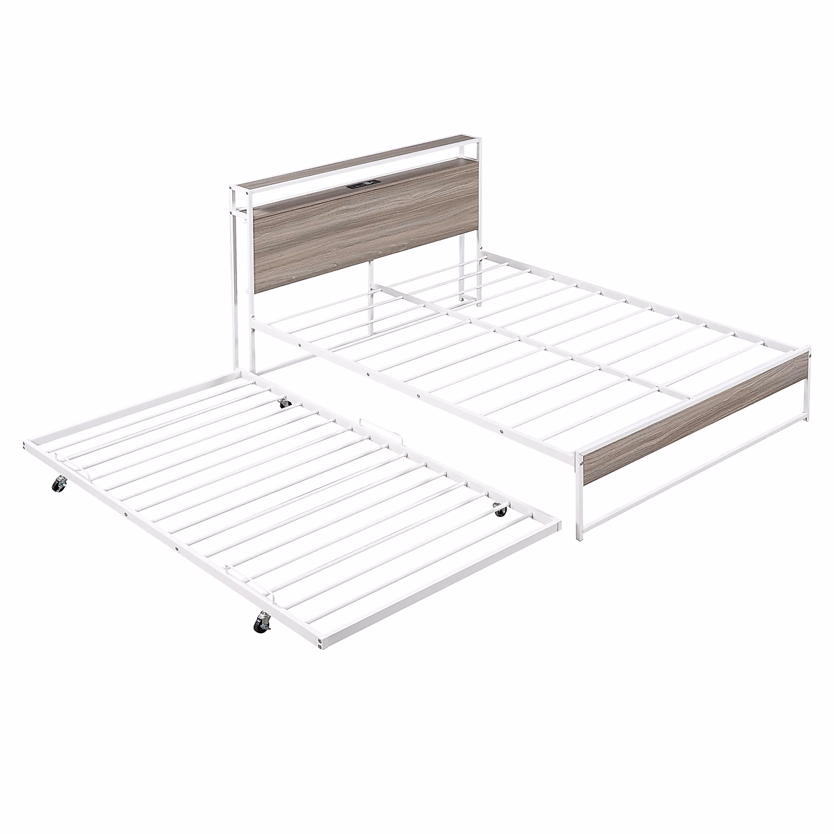 Harper & Bright Designs Full Platform Bed with Trundle and USB Ports, Metal Full Bed Frame with Storage Headboard and Steel Slat Support, for Bedroom and Guest Room (Full Size, White)