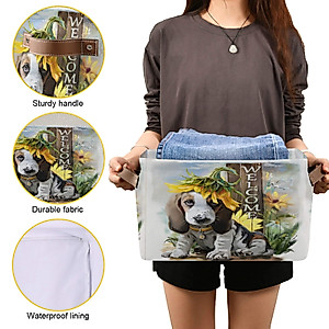 ALAZA Decorative Basket Rectangular Storage Bin, Welcome Sunny The Beagle Organizer Basket with Leather Handles for Home Office