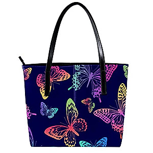 Women Tote Shoulder Bag, Colorful Butterflies Leather Work Handbag with Zipper for Teens College Students