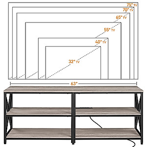 Yaheetech TV Stand with Power Outlet for 70 Inch TV, 3 Tiers TV Storage Cabinet, Entertainment Center with Charging Station for Living Room, Gray