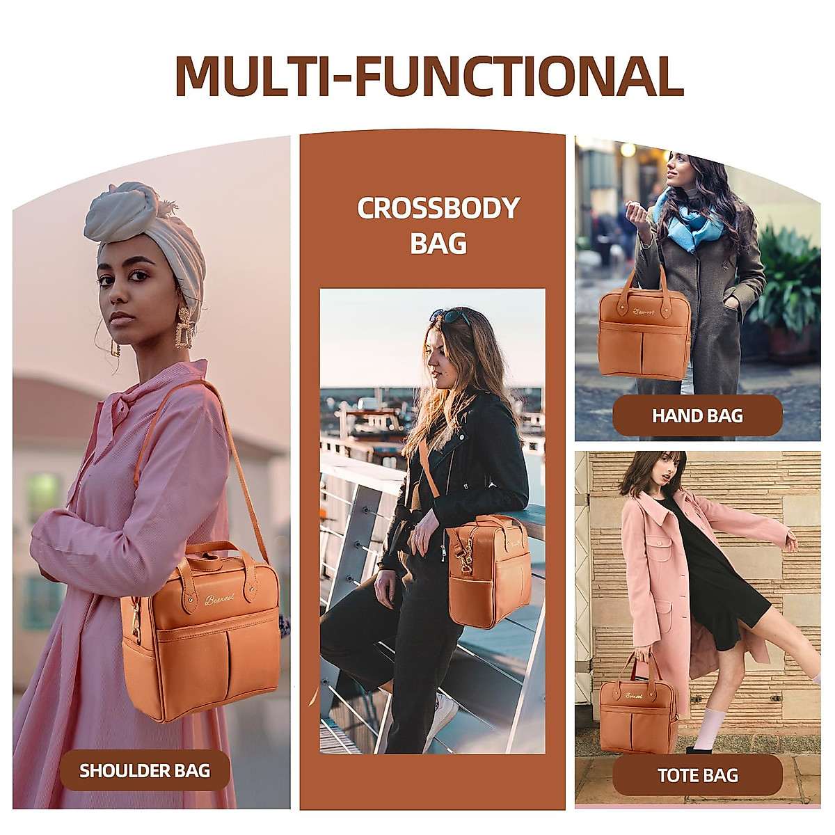 BEEWEEL Lunch Bag for Wome,PU Leather Lunch Tote Bag with Adjustable Shoulder Strap, Large Capacity, Insulated Lunch Bags for Work, Picnic, Camping -Brown