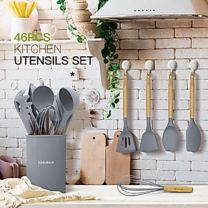 KESUPAIR Silicone Kitchen Utensils Set, 46 pcs Cooking Utensils Set-Silicone Spatula Set- Kitchen Gadgets and Tools with Holder-Wooden Handle Silicone Kitchen Utensil with Tongs,Grater (Drk Grey)
