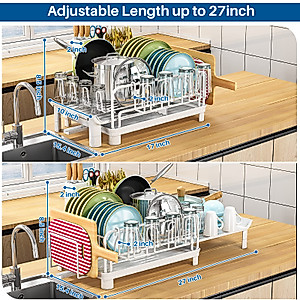 Gsiekare Large Dish Drying Rack, Expandable Dish Rack Kitchen Sink Organizer, Dish Drainer with Cutlery & Cup Holders for Kitchen Organization, Anti-Rust Drying Rack for Kitchen Counter White