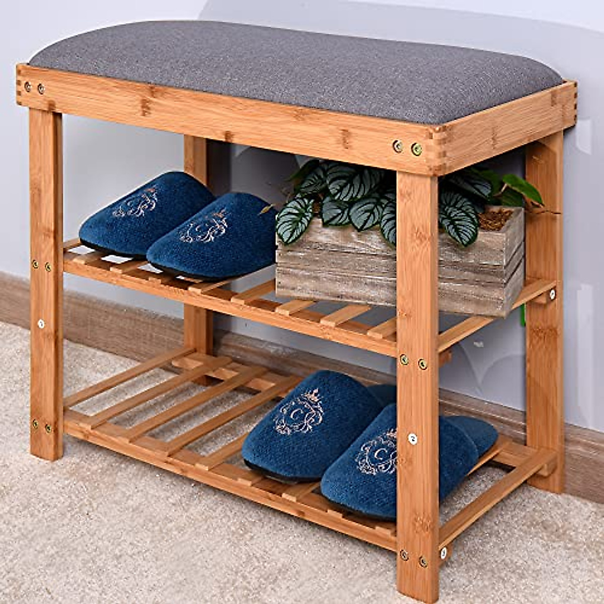 Knocbel 23.6in Bamboo Entryway Cushioned Shoe Bench with Slatted Shelves, 3-Tier Portable Shoes Storage Rack Organizer (Natural)