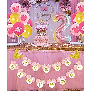 Cartoon Mouse 2nd Birthday Decorations for Girl Pink and Gold Oh Twodles Birthday Party Supplies with Cake Topper Number 2 Foil Balloon Happy Birthday Banner Garland for Cartoon Mouse Themed Party Decorations