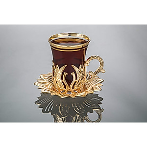 LaModaHome Golden Tea Set of 6 and Tray - Includes 6 Glasses, 6 Saucers Holders, and a Tray - VIP Special Serving Turkish Tulip - Arabic, Moroccan Coffee Sets - Cups and Mugs