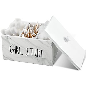 Otuuz Tampon Holder for Bathroom with Lid Tampon Storage Pad Container for Bathroom Feminine Product Organizer Wood Farmhouse Bathroom Organizer Countertop Storage Box Movable Partition(Marble Style)