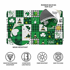 St Patrick's Day Doormat Rugs Outdoor/Indoor Lucky Shamrock Clover Gnomes Non-Slip Entrance Welcome Mat for Front Door/Kitchen/Bath/Bedroom/Patio/Entryway,16"x24", Green Buffalo Gingham Plaid