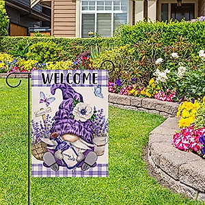 Dyrenson Welcome Spring Gnome Lavender Anemone Flower Decorative Garden Flag, Purple Buffalo Plaid Check Butterfly Floral House Yard Outside Decorations, Summer Farmhouse Outdoor Small Decor 12x18