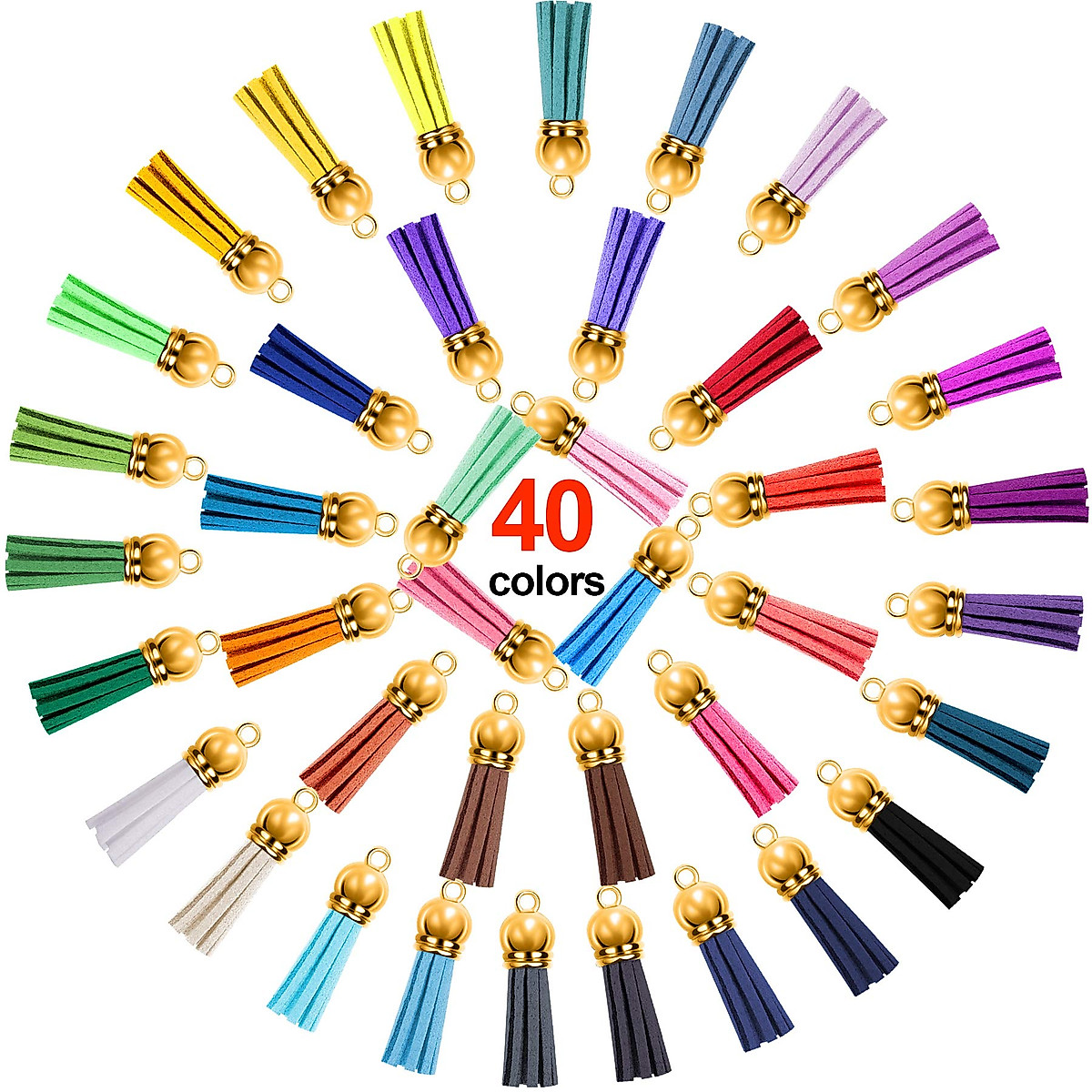 Duufin 200 Pieces Keychain Tassels Bulk Leather Tassel Colored Tassel Pendants for DIY Keychain and Craft, 40 Colors (Gold Cap)