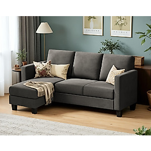 VICTONE Convertible Sectional Sofa Couch, 3 Seat L-Shaped Sofa with Linen Fabric Ottoman Small Couch for Small Apartments, Living Room and Office (Dark Gray)