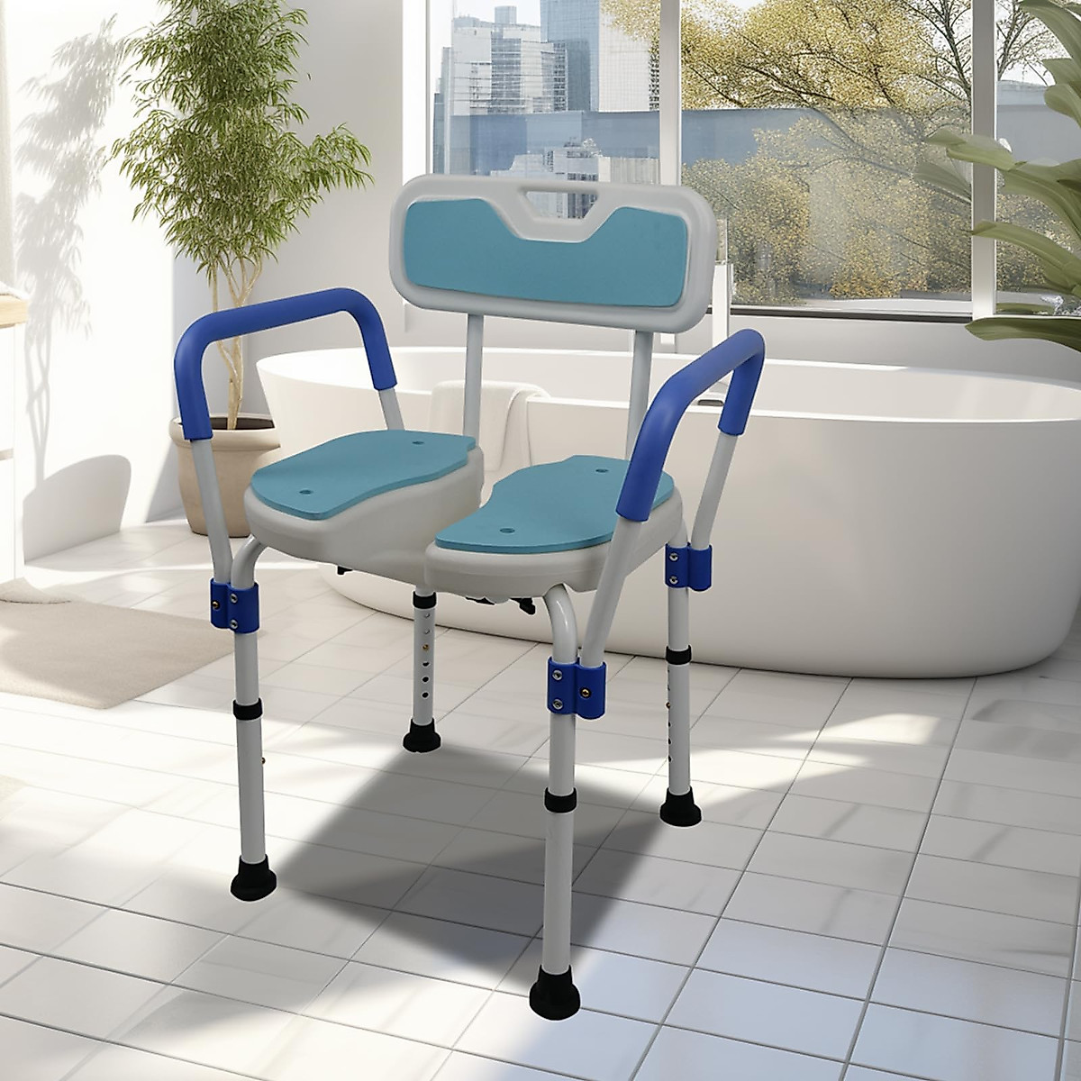 JumboTIGER Wide 17.5-Inch Shower Chair with Arms and Back,Heavy Duty Shower Chair for Inside Shower,Cutout Seat for Private Washing, 300lbs Capacity,Big Man Shower Chair, Tool-Free Assembly,Blue