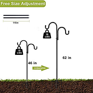 Double Shepherds Hook for Outdoor,62 Inch Bird Feeder Pole with 5 Prongs Base,Adjustable Heavy Duty Garden Hanging Holder for Hanging Plant,Solar Light,Weddings Decor,Hummingbird Feeder(1 Pack)