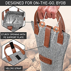 opux Wine Bag Single Bottle Carrier Tote, Insulated Travel Wine Cooler Bag for Picnic Beach Gift, Thermal Padded Portable One Bottle Holder Carrying Case for Women Men Wine Lovers, Heather Gray