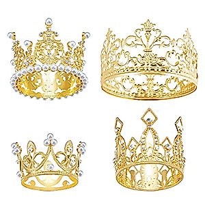 4 Pieces Crown Cake Topper Mini Tiara Birthday Cake Topper gold Crystal Pearl Vintage Wedding Cake Crown Topper for Birthday Party Wedding Cake Baby Shower Birthday Cake Decoration