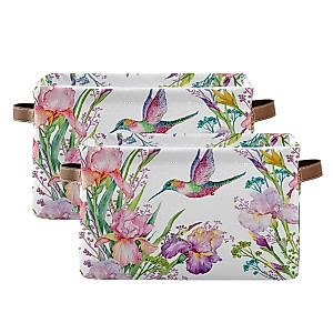 AUUXVA Hummingbirds Irises Flower Storage Bins Basket, Spring Summer Foral Collapsible Storage Cube Rectangle Storage Box with Handles for Shelf Closet Nursery Bedroom Home Office 2 Pack