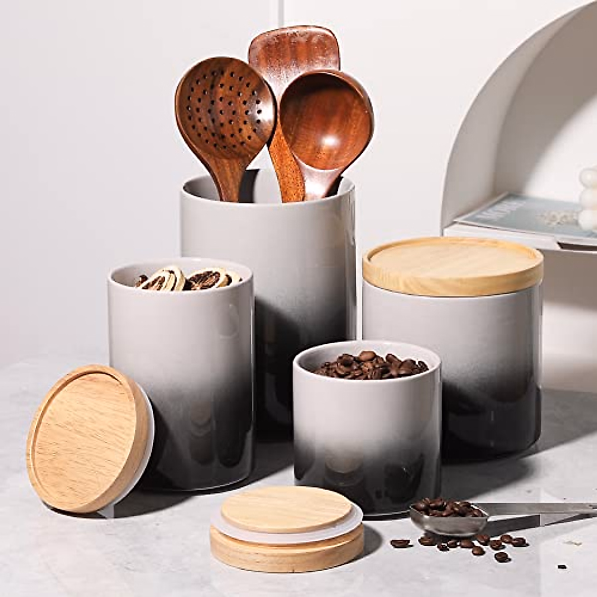 Sweejar Kitchen Canisters Ceramic Food Storage Jar Set, Stackable Containers with Airtight Seal Wooden Lid for Serving Ground Coffee, Tea, Herbs, Grains, Sugar, Salt - Set of 4 (Gradient Gray)