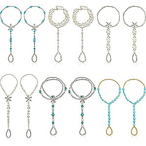 Hicarer 12 Pieces Feet Jewelry Barefoot Sandals Toe Rings Foot Chains Starfish Faux Pearls Elastic Beaded Turquoise Anklet Chains Jewelry with Rhinestone Ring for Women Wedding Beach Wearing