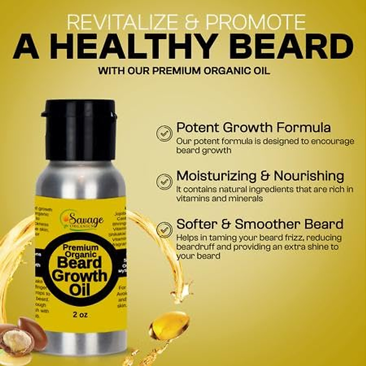Savage Organics - Premium Organic Beard Growth Oil: Nourishing Beard Growth Serum, Infused with All-Natural Organic Ingredients to Boost Beard Growth - 2 oz Bottle