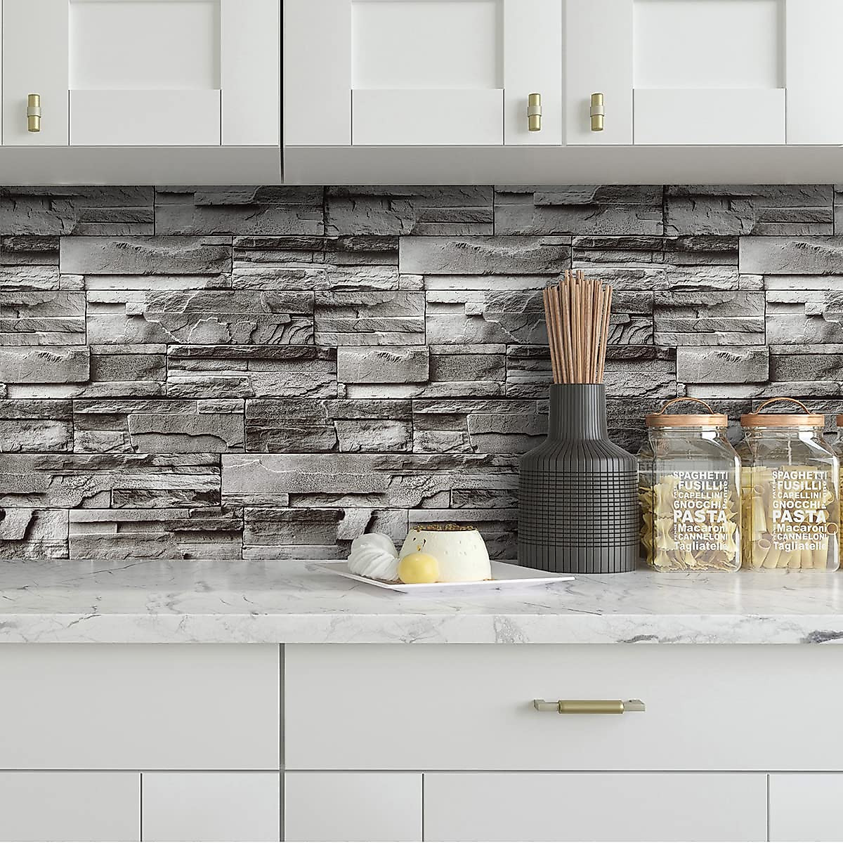 Jeweluck Stone Brick Wallpaper Peel and Stick Wallpaper 17.7inch×118.1inch Faux Stone Self Adhesive Wallpaper Kitchen Backsplash Gray Brick Contact Paper Stone Removable Wall Paper Decor Vinyl