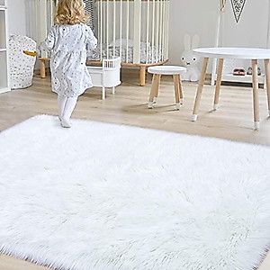 Andecor Soft Fluffy Faux Fur Bedroom Rugs 3 x 5 Feet Indoor Wool Sheepskin Area Rug for Girls Baby Living Room Chair Sofa Home Decor Floor Carpet, White