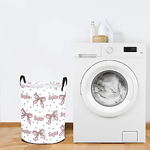 Personalized Laundry Basket Hamper,Pink Bow Dots Name Text,Collapsible Storage Baskets with Handles for Kids Room,Clothes, Nursery Decor