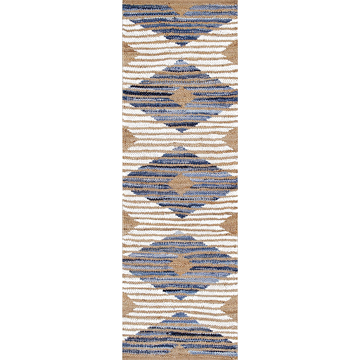 nuLOOM Hand Braided Marla Denim And Jute Diamonds Runner Rug, 2' 6" x 6', Off-white