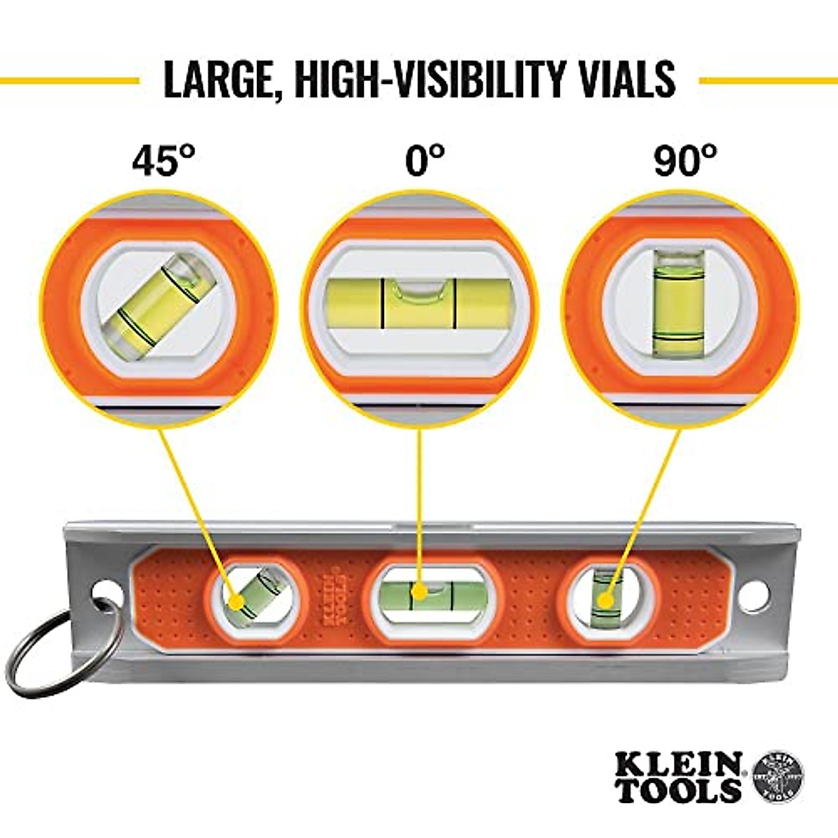 Klein Tools 9319RETT Level, 9-Inch Magnetic Aluminum Torpedo Level with 0/45/90 Degree Vials and V-groove, Tapered Nose