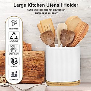 Ceramic Utensil Holder- Large Kitchen Utensil Holder with Bamboo Wooden Base- Utensil Crock for Countertop- White Ceramic Cooking Utensil Organizer for Kitchen Counter Decor, Farmhouse, Spatula