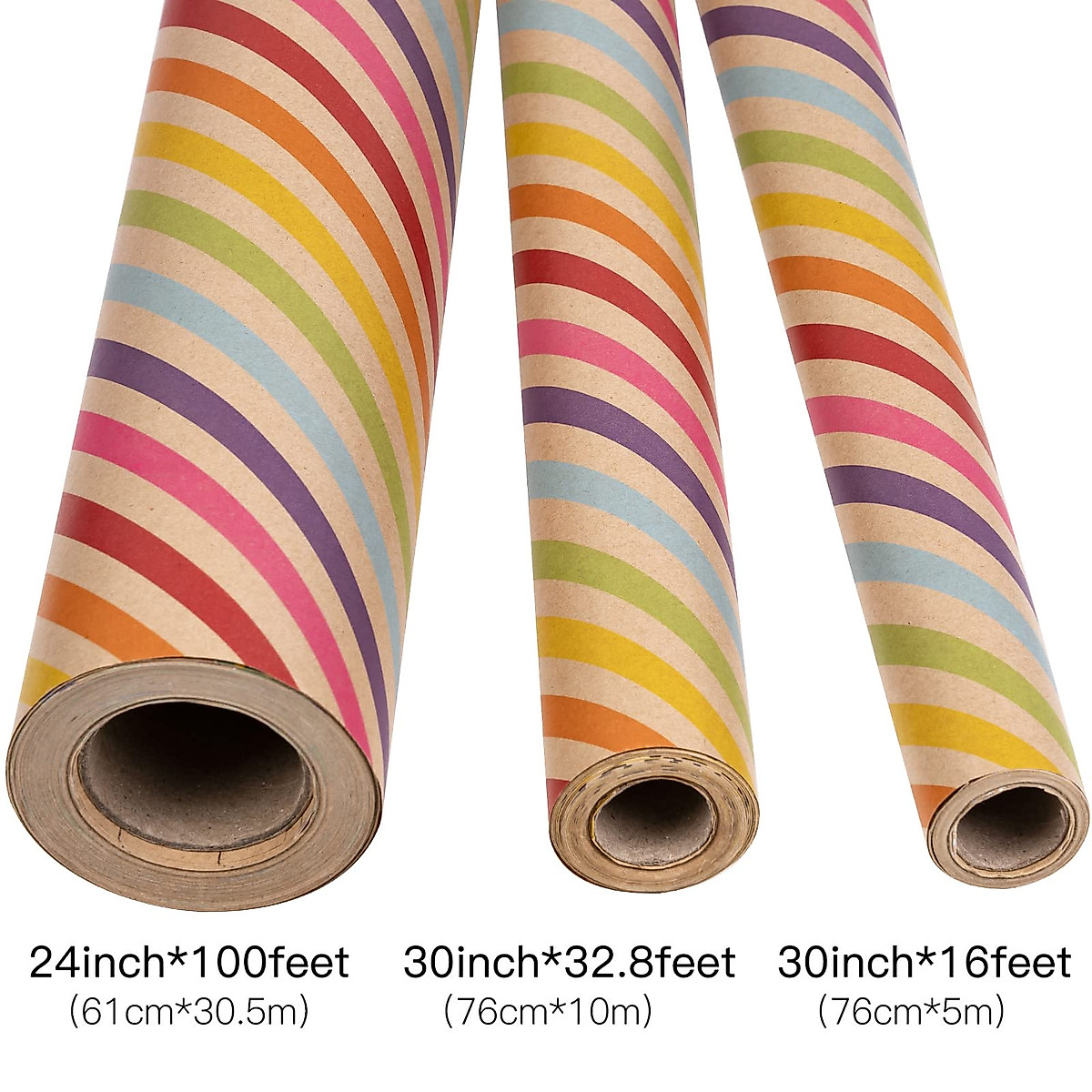 RUSPEPA Kraft Wrapping Paper Roll - Rainbow Stripe Pattern - 24 Inches x 100 Feet