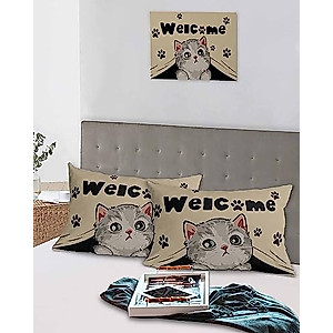 Edwiinsa Funny Cute Cat Pillow Covers Standard Size Set of 2 20x26 Bed Pillow, Black Paws Rustic Retro Beige Plush Soft Comfort for Hair/Skin Cooling Pillowcases with Envelop Closure