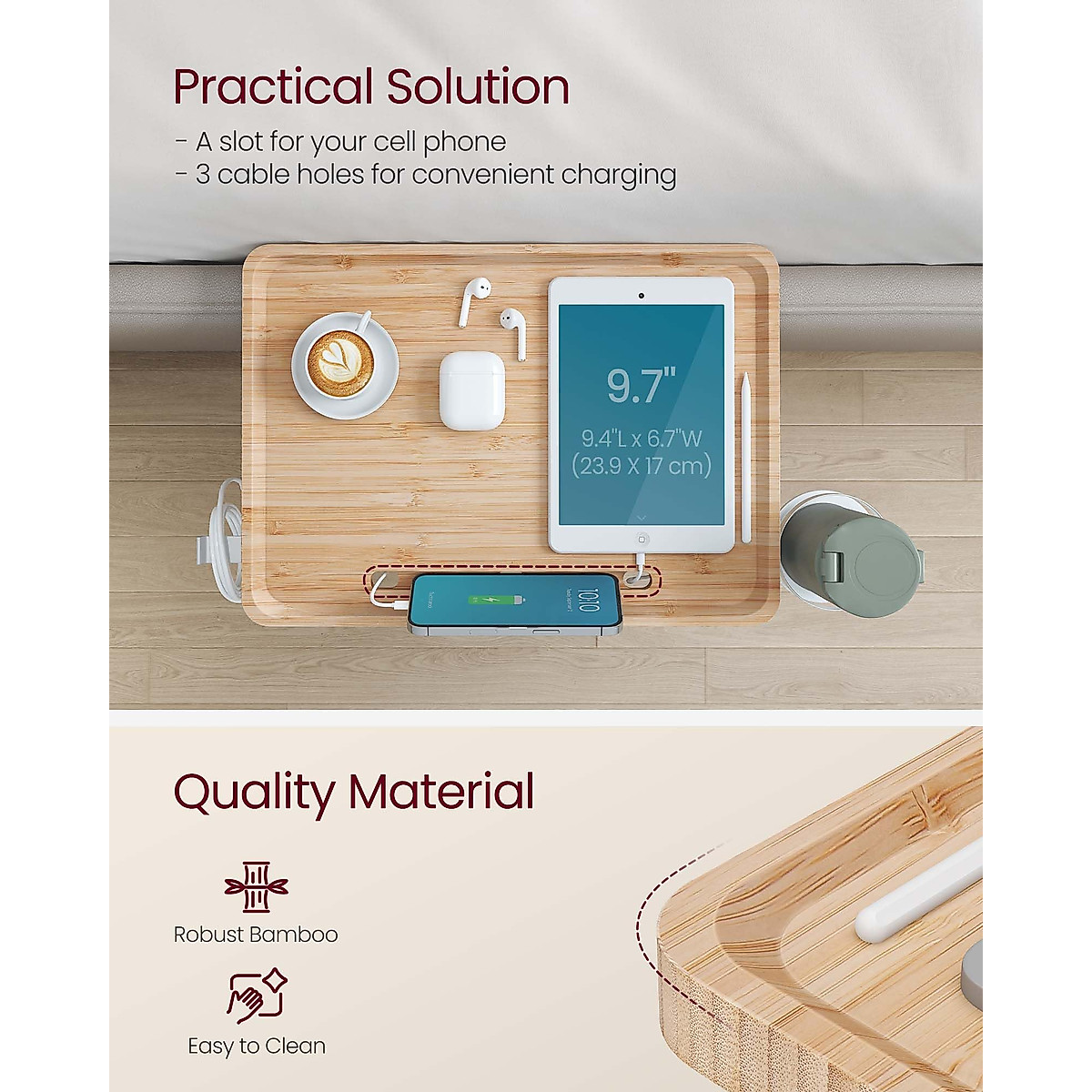 VASAGLE Bedside Shelf for Top Bunk, College Dorm Room Essentials Clip On Nightstand Bedside Storage with Phone Slot, Cup Holder, Hook, Clamps, Dormitory, Loft Accessories, Natural Beige ULET301N03