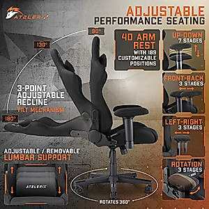 Atelerix Ventris Noir Gaming Chair - Use as Desk, Office or Computer - Tilting Mechanism and Ergonomic Adjustable Swivel Game Chair w/ 4D Armrests & Armrest Covers, Headrest and Lumbar Support