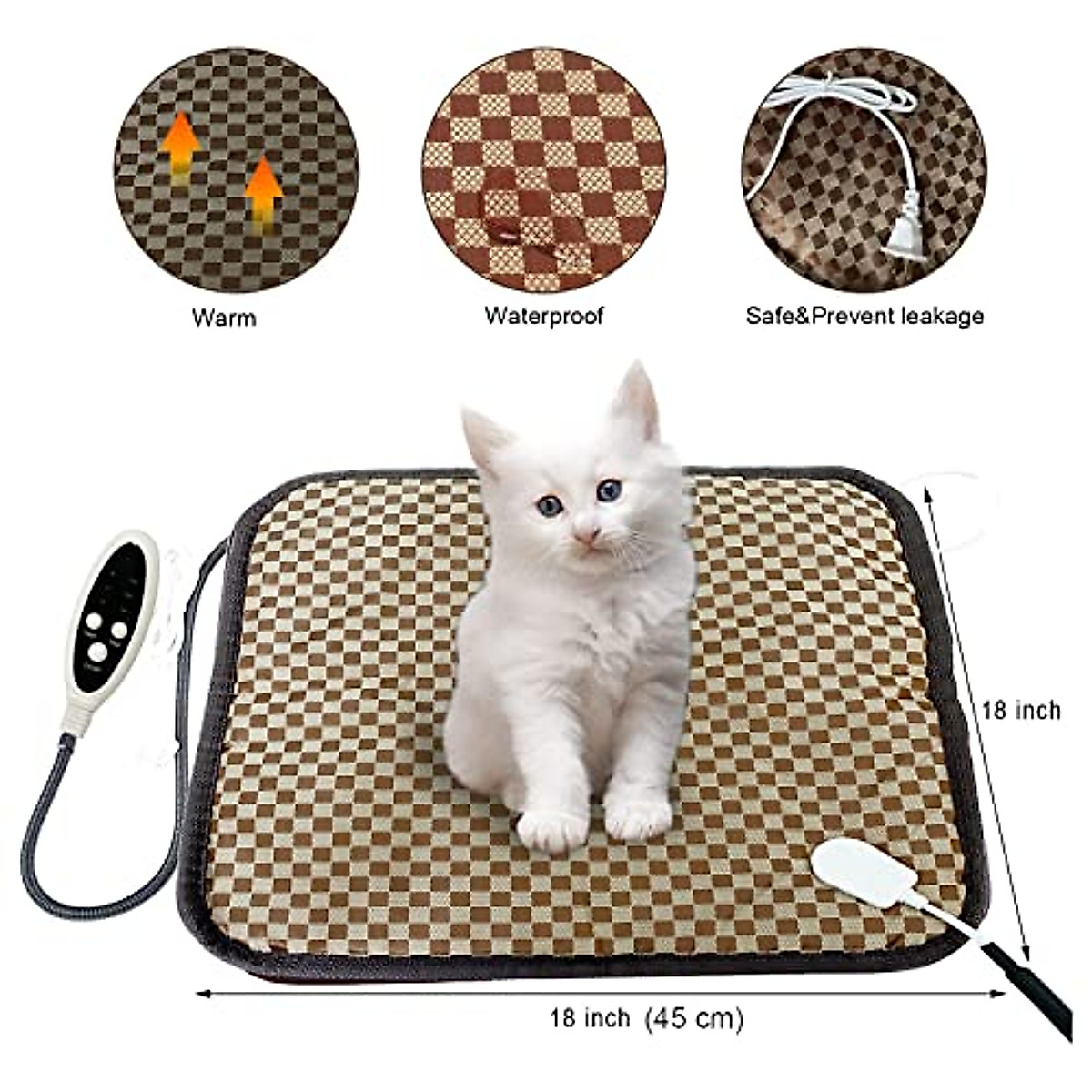 Couvkadl Pet Heating Pad, Electric Heated Pad for Dogs and Cats Indoor Waterproof Warming Mat with 3 Levels of Temperature Adjustment, Auto Off, Durable for Puppies Dogs Cats (18” X 18”)