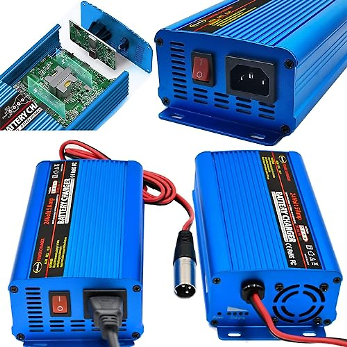 Unocho 24V Battery Charger Automatic Smart Charger 5A trickle Charger and I/O Switch 3 pin XLR Connector for Charging AGM Gel Lead-Acid Batteries for Cars wheelchairs Boats