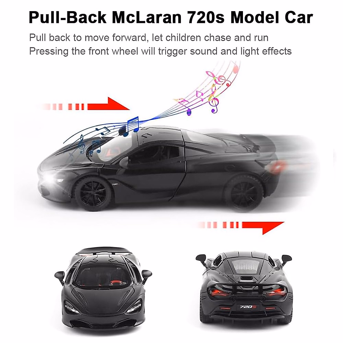 Diecast Toy Car McLaren 720S Sports Car Model,Zinc Alloy Simulation Casting Pull Back Vehicles,1:32 Scale Mini Supercar Toys with Lights and Music for Toddlers Kids Children Gift (720S-Black)