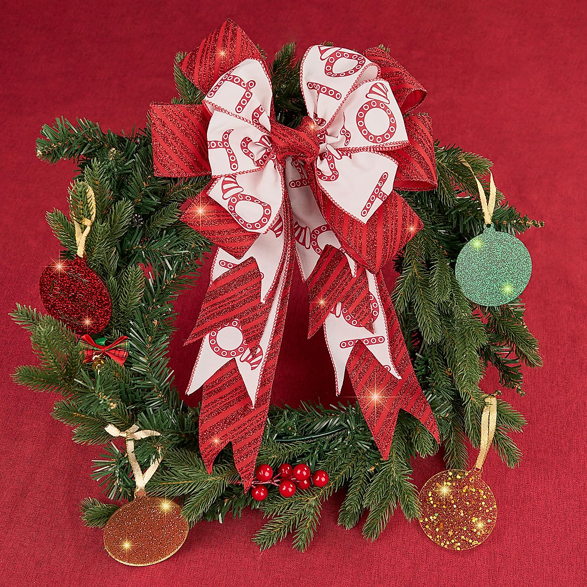 PAPER FAIR 4 Rolls 32 yd Red Glitter Candy Cane Christmas Wired Ribbon Set, 2.5 inch x 8yd Sequin Satin Burlap Ribbon for Xmas Tree Décor, Gift Wrap Box, Bow, Wreath, Garland, Floral DIY Craft