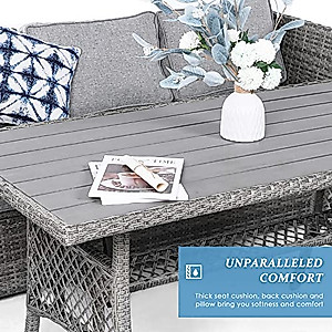 VONZOY 7 Pieces Outdoor Patio Furniture Set PE Wicker Rattan Sectional Conversation Sofa with Dining Table and Chair, Grey