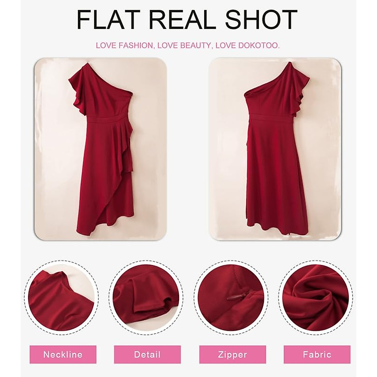 Dokotoo One Shoulder Dresses for Women Elegant Ruffle Empire Waist Asymmetrical Hi-Lo Hem Solid Zipper Up Bodycon Party Wedding Guest Midi Semi Formal Dresses Red Large