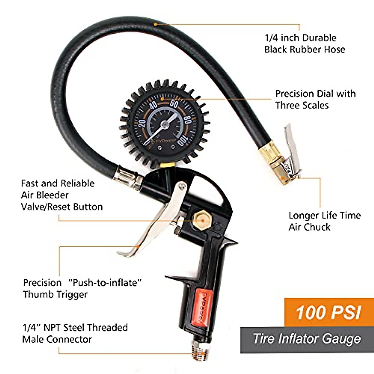 FYPower 22 Pieces Air Compressor Accessories kit, 3/8 inch x 50 ft Hybrid Air Compressor Hose Kit, 1/4" NPT Quick Connect Air Fittings, Tire Inflator Gauge, Heavy Duty Blow Gun, Swivel Plugs