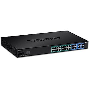 TRENDnet 16-Port Gigabit PoE+ Web Smart Switch with 2 Shared SFP Slots, Up to 30 W Per Port, 185 W Total Power Budget, Rack Mountable, TPE-1620WS, black