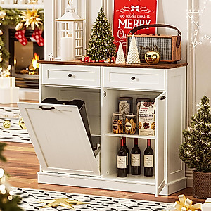 Spurgehom 13 Gallon Tilt Out Trash Cabinet Kitchen Waste Bins, Laundry Hamper Tilt Out Pet Proof Hidden Trash Bin for Kitchen Living Room, Antique White