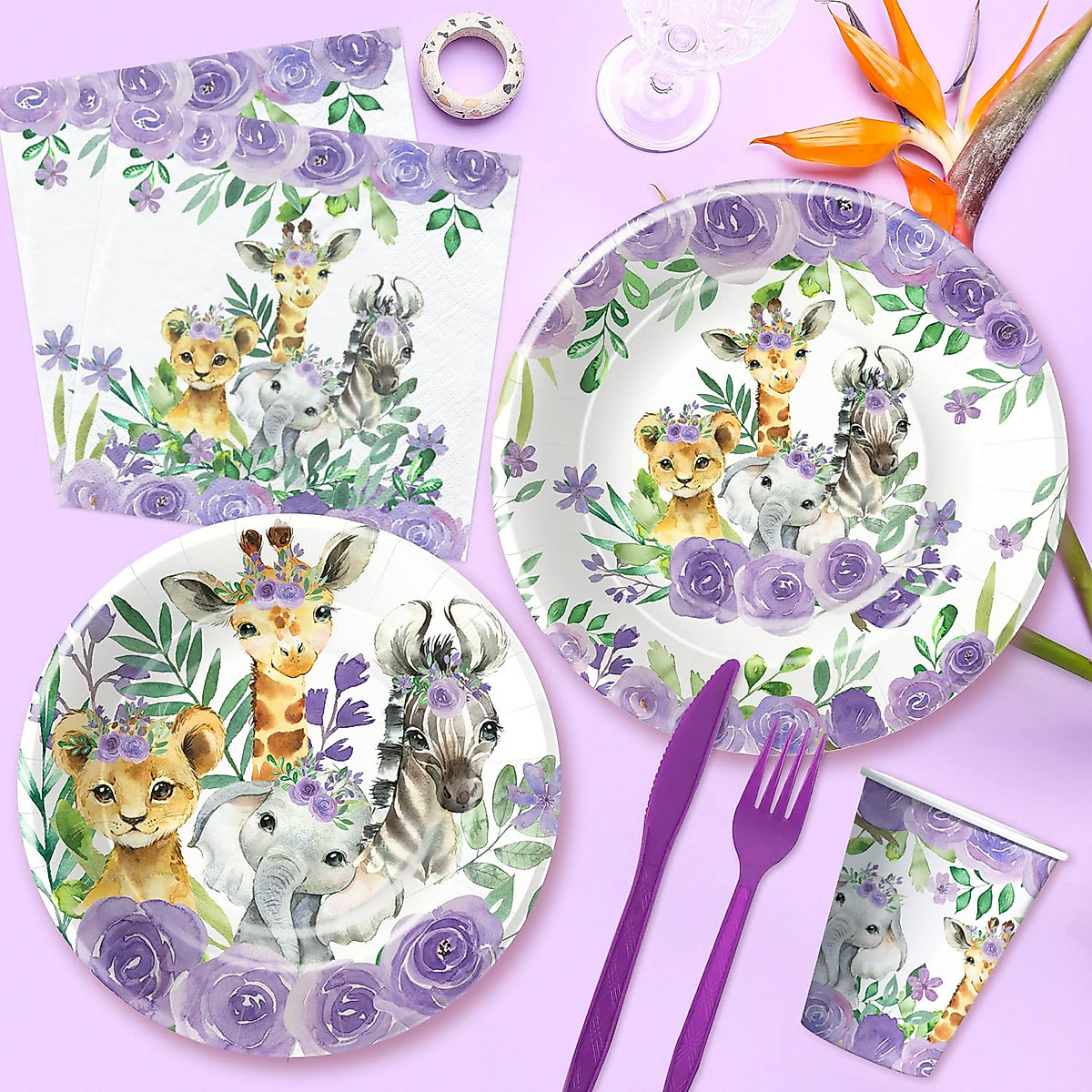 APOWBLS Safari Jungle Theme Party Supplies Girl - Jungle Safari Birthday Baby Shower Decorations Tableware, Plate, Cup, Napkin, Tablecloth, Cutlery, Straw, Animal Safari Party Decorations | Serve 24