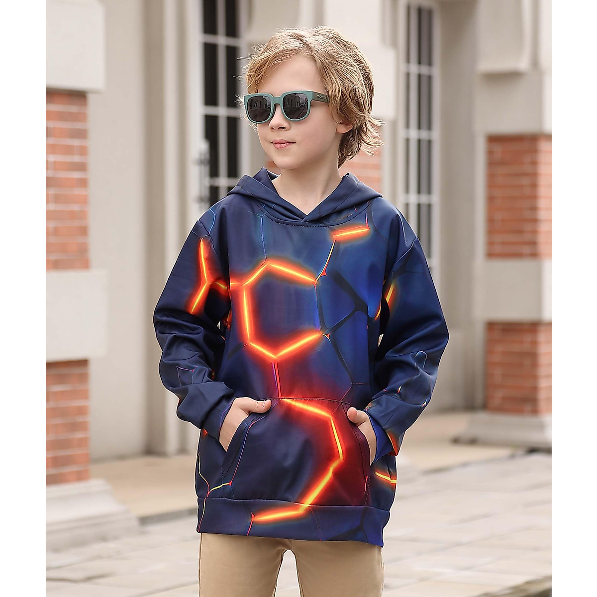 Ahegao Boys Navy Blue Hoodies for Kids 3D Printed Red Fire Pullover Sweatshirts With Big Pocket 6 7 8 Years Old Little Girls Casual Sports Shirt Sweater Children Winter Hoody Clothes