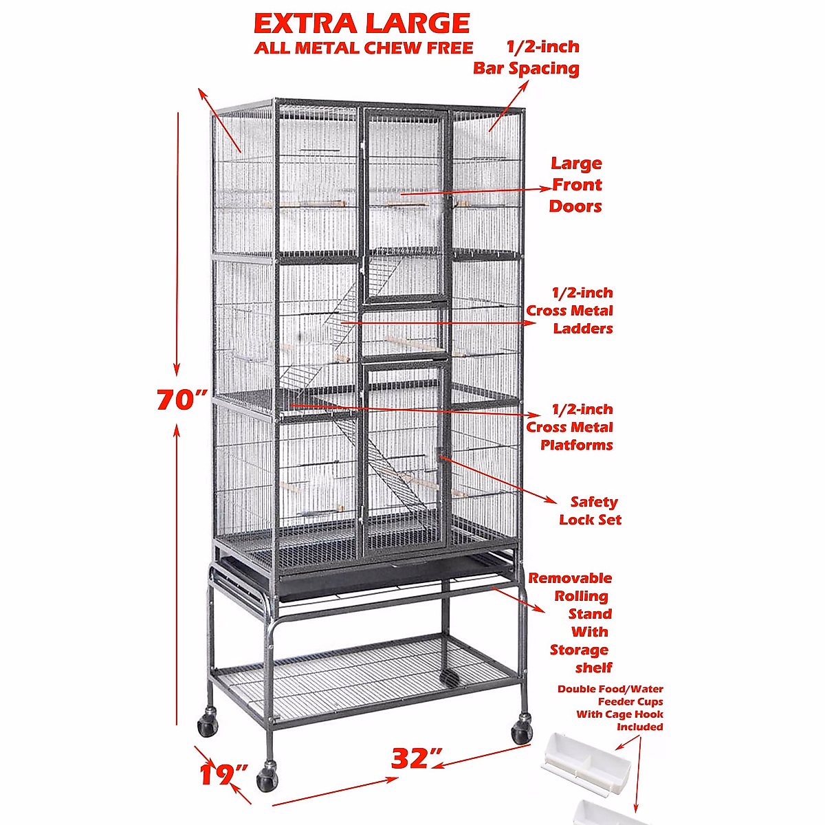 70” X-Large 5-Levels Tight 1/2-Inch Bar Spacing Small Animals Critters Chewproof Cage for Chinchillas Ferrets Rats Hamster Hedgehog Sugar Glider Mouse Squirrel Removable Rolling Stand