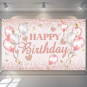 Pink and Rose Gold Happy Birthday Party Decorations Supplies Birthday Party Backdrop for Women and Girls Happy Birthday Banner Baby Shower Sweet 16 Photography Background Photo Booth